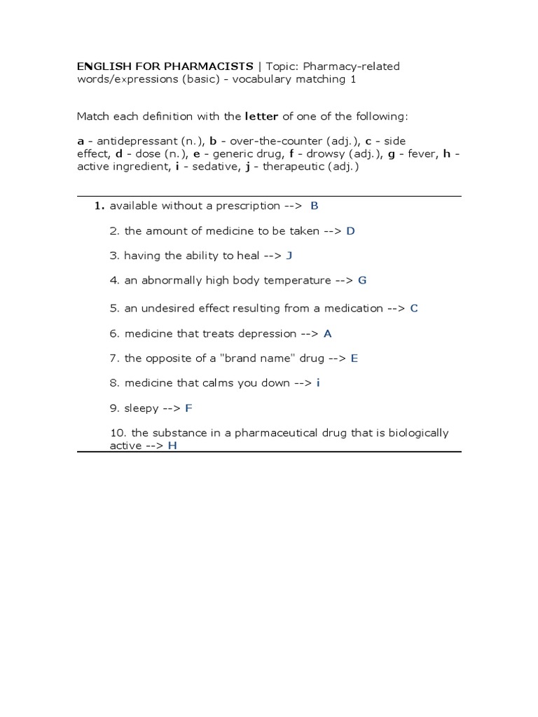 Pharmacy Vocabulary Matching Exercise | PDF