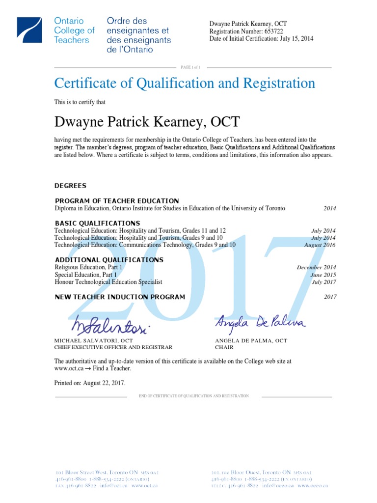 Certificate of Qualification and Registration: Dwayne Patrick Kearney ...