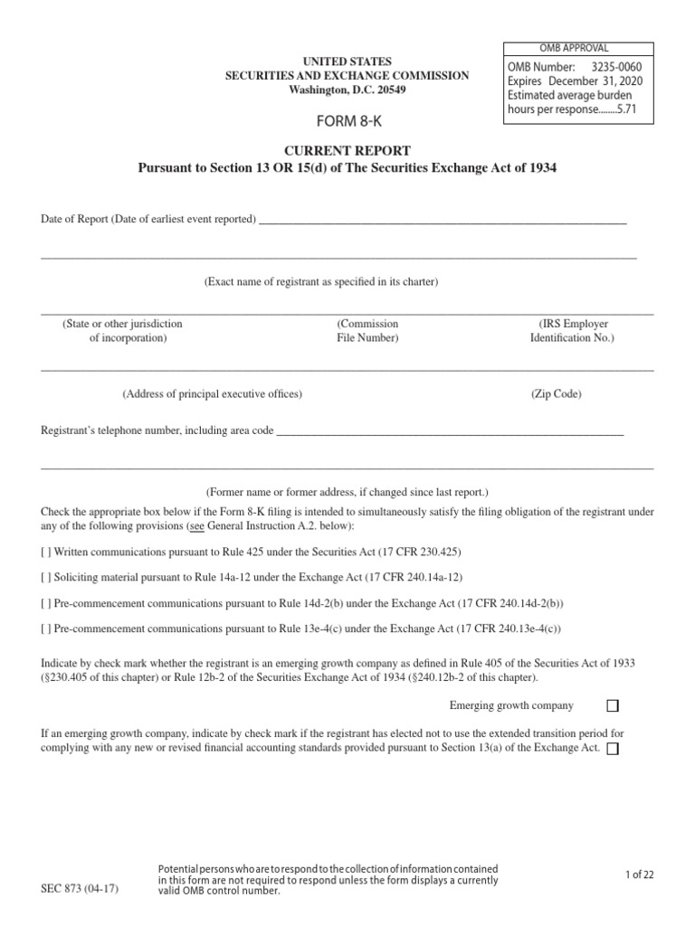 OMB Form 8-K SEC Filing | PDF | Regulation S K | Securities Act Of 1933