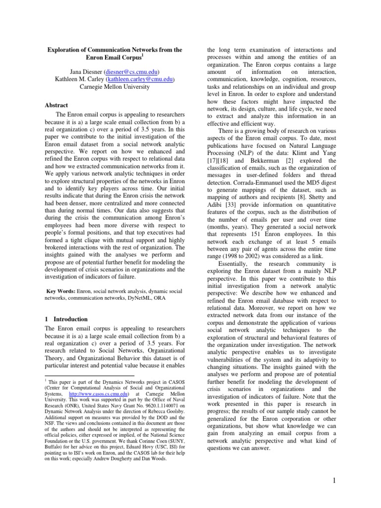 Exploration of Communication Networks From The Enron Email Corpus | PDF ...