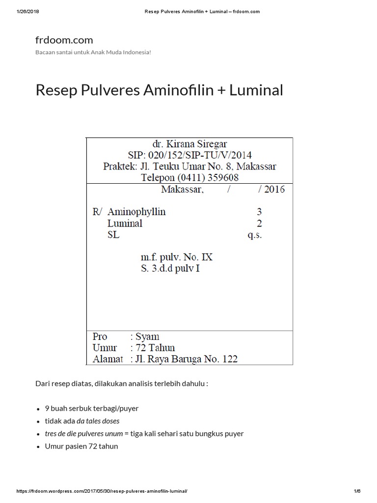 Resep Pulveres Aminofilin + Luminal - Frdoom | PDF