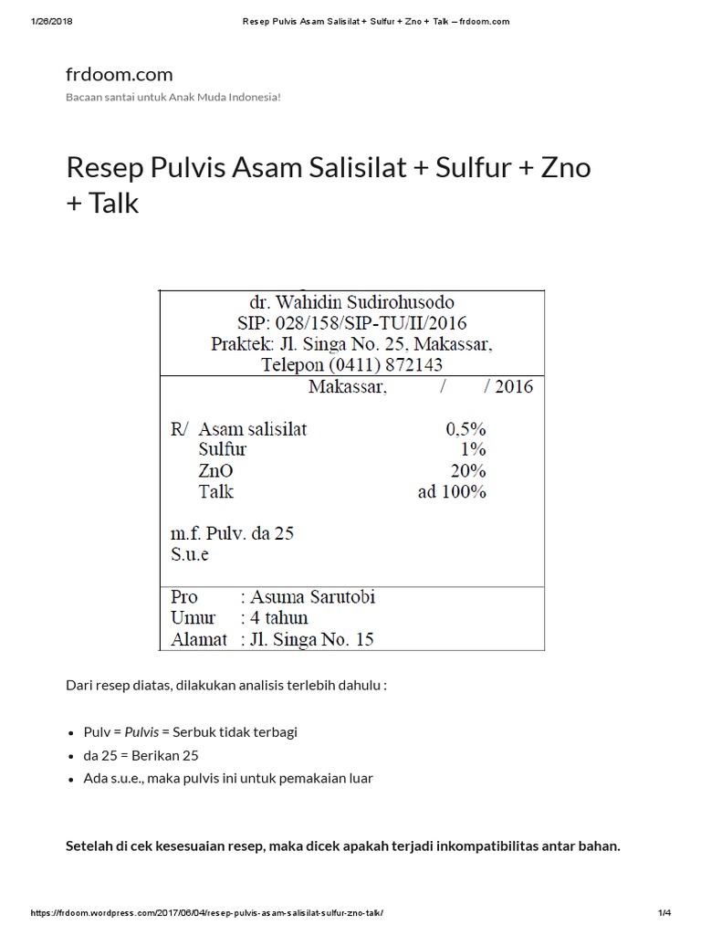 Resep Pulvis Asam Salisilat + Sulfur + Zno + Talk - Frdoom | PDF