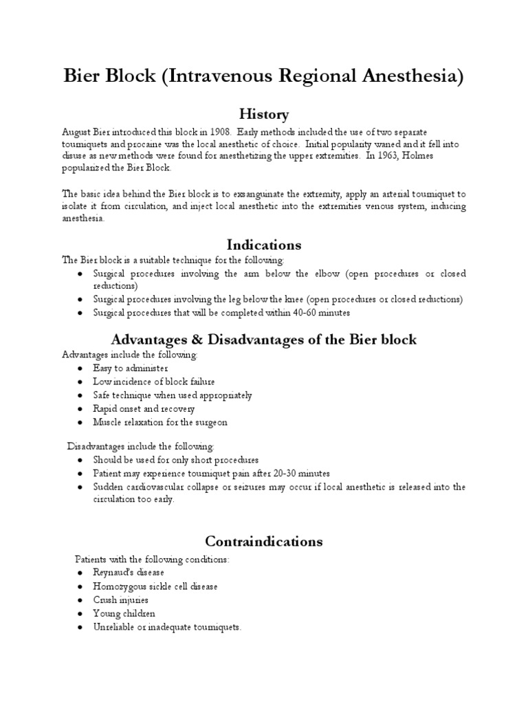 Bier Block (Intravenous Regional Anesthesia), Handout PDF | Download ...