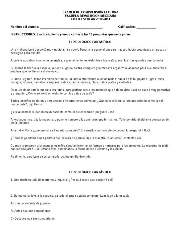 Examen de Comprensión Lectora | PDF | Ocio