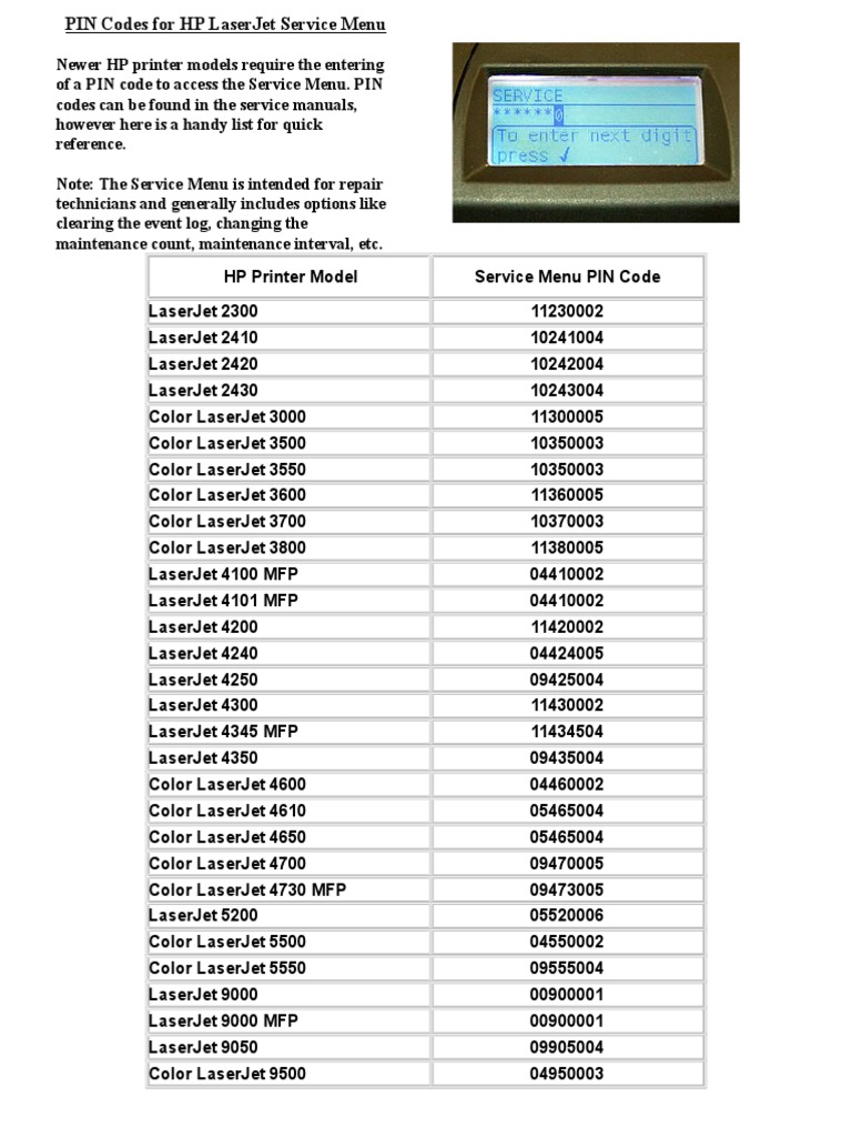 PIN Codes For HP LaserJet Service Menu | PDF