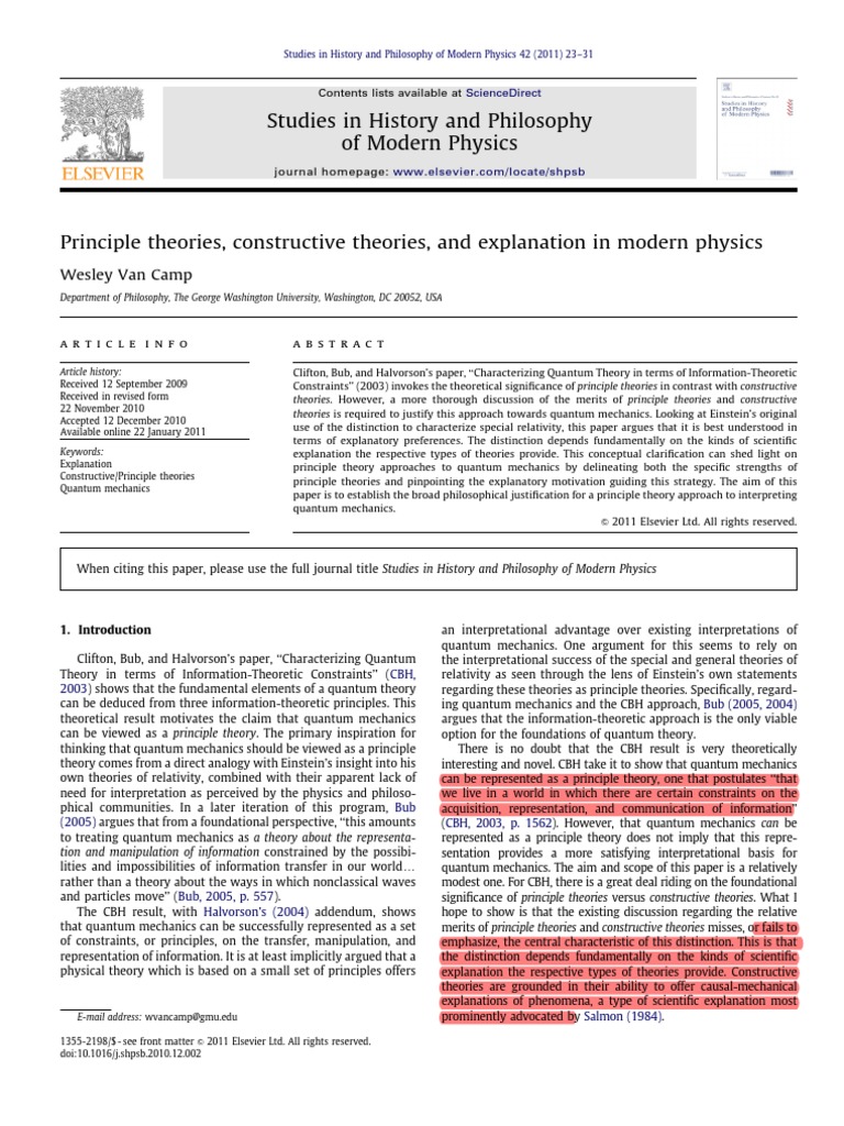 Principle Theories, Constructive Theories, and Explanation in Modern Physics PDF | PDF | Special ...