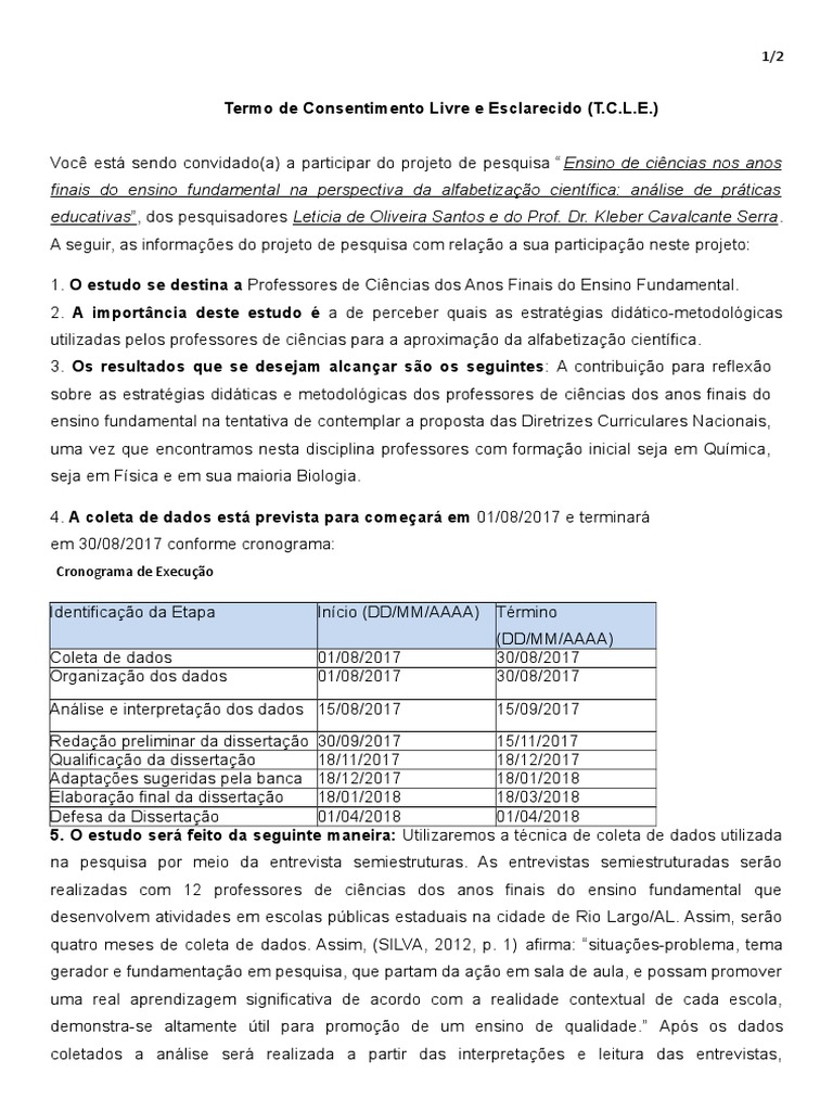 TCLE - Modelo | Alfabetização | Ciência