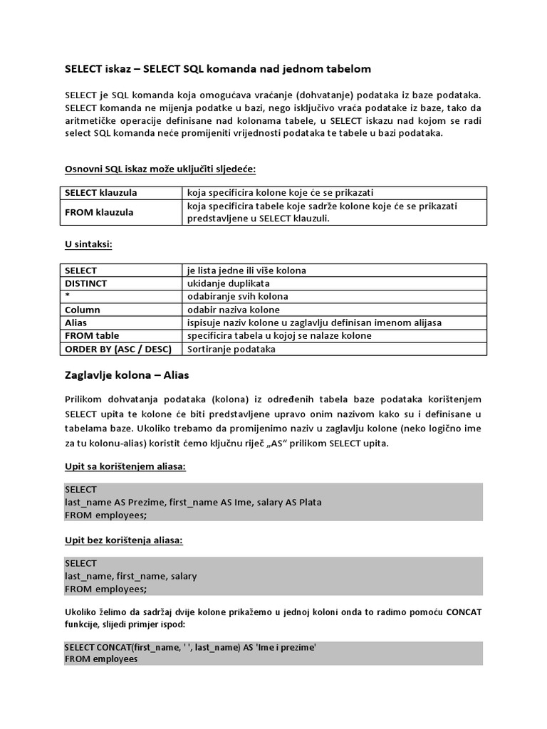 SELECT Upiti - Alias, Order By, Where | PDF