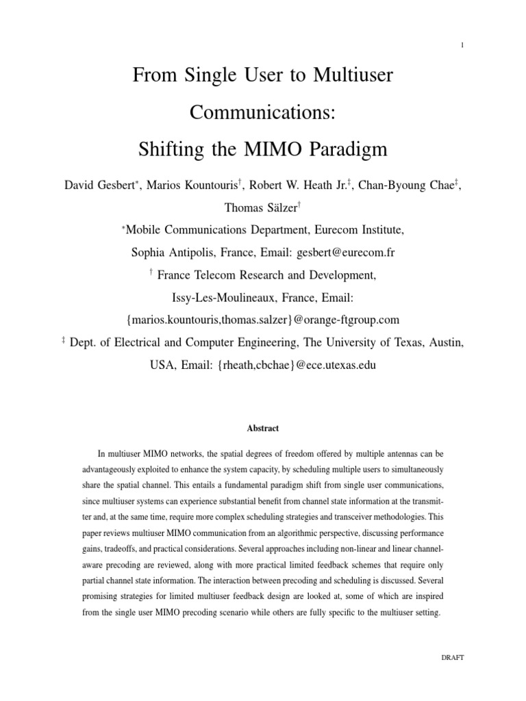 From Single User To Multiuser Communications: Shifting The MIMO ...