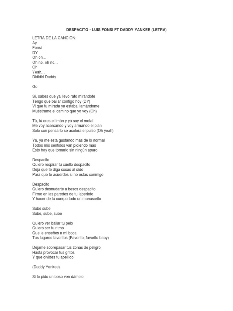 Letra de la exitosa canción 'Despacito' de Luis Fonsi y Daddy Yankee ...