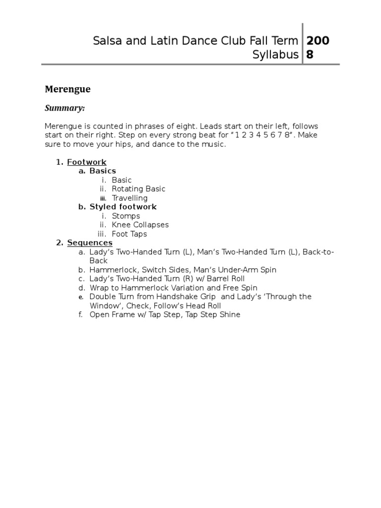 Salsa and Latin Dance Club Fall Term Syllabus: Merengue | PDF | Dances ...