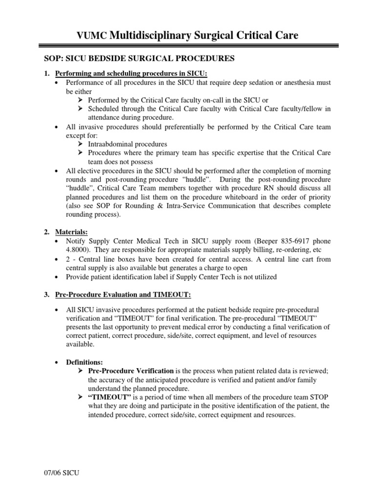 Sop Bedside Surgical Procedures | Intensive Care Medicine | Surgery