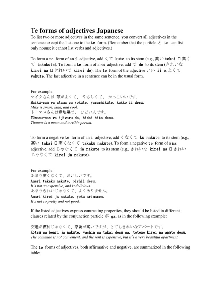 Te Forms of Adjectives Japanese | PDF