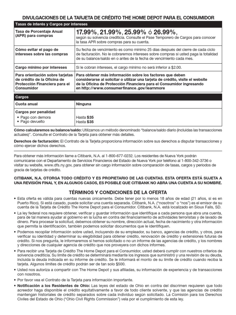 Home Depot Contrato y Terminos Consumer Credit Card | PDF | Citibank ...