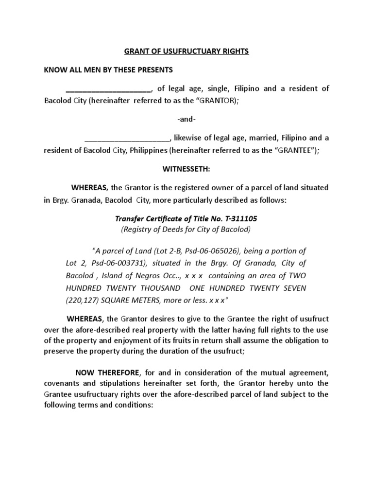 Usufructuary Rights Template | PDF | Property | Deed