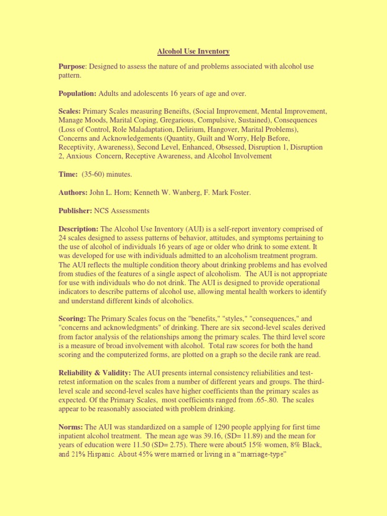 Alcohol Use Inventory | PDF | Alcoholism | Behavioural Sciences