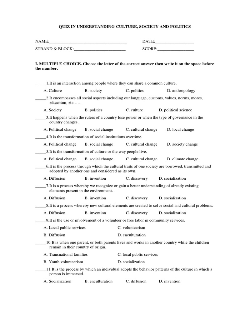 Quiz in Understanding Culture 2 | PDF | Socialization | Norm (Social)