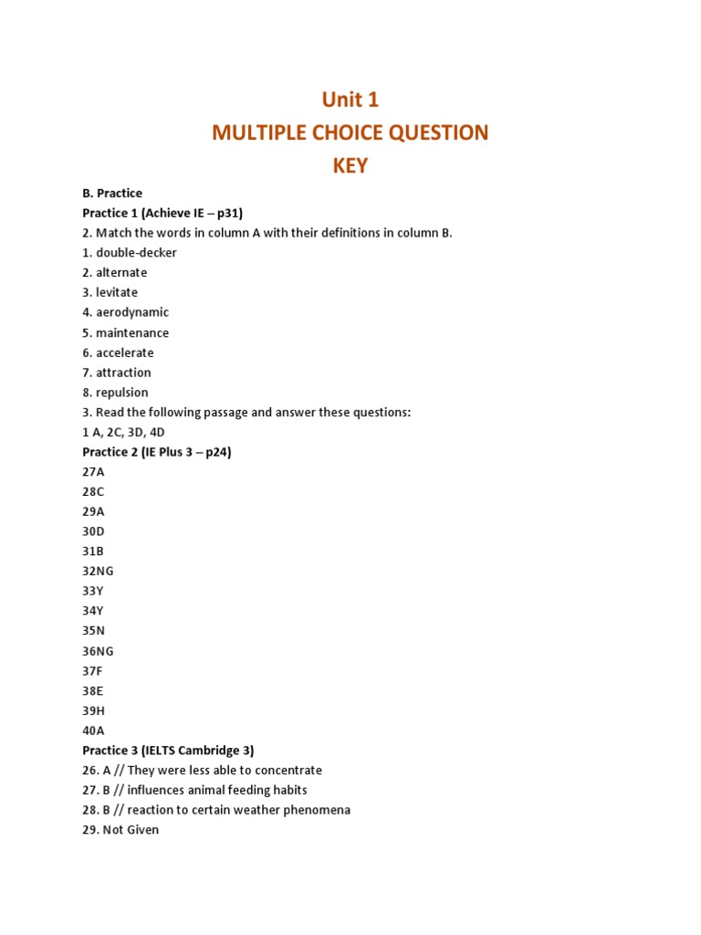 Unit 1 Multiple Choice Question KEY: B. Practice Practice 1 (Achieve IE ...
