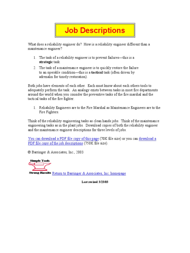 Job Descriptions - Reliability Eng | PDF | Technology & Engineering