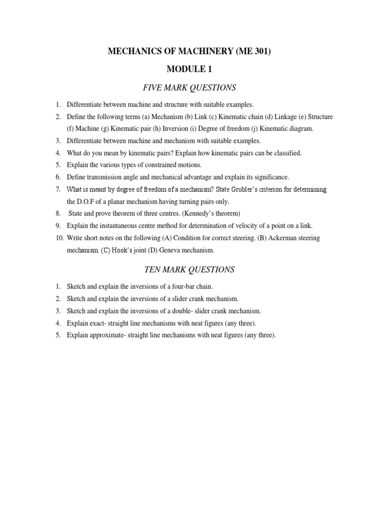 Mechanics of Machinery Question Bank | PDF