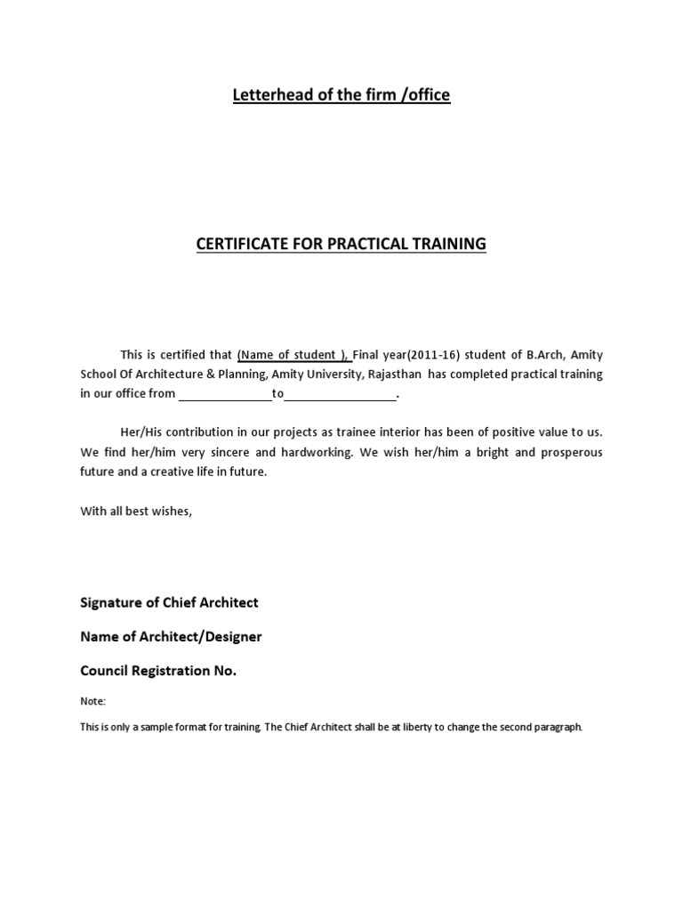 Letterhead of The Firm /office: Signature of Chief Architect Name of ...