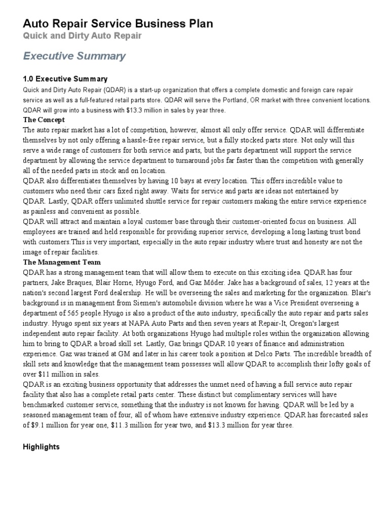 Auto Repair Business Plan Overview | PDF | Balance Sheet | Retail