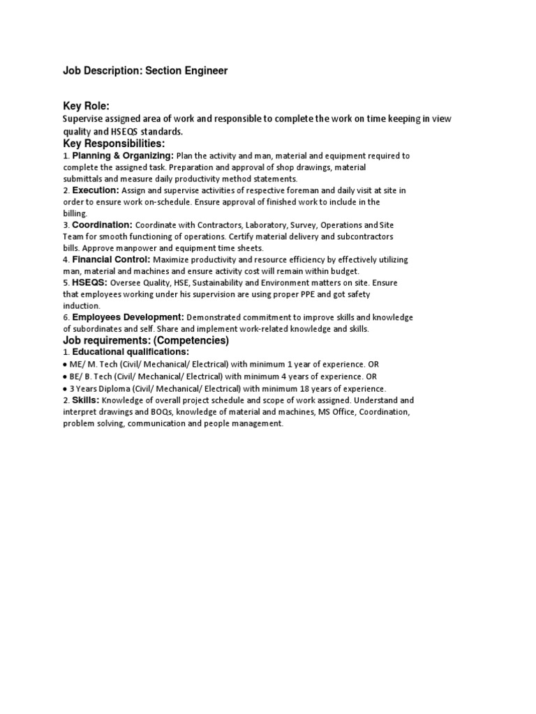 Job Description - Section Engineer | PDF