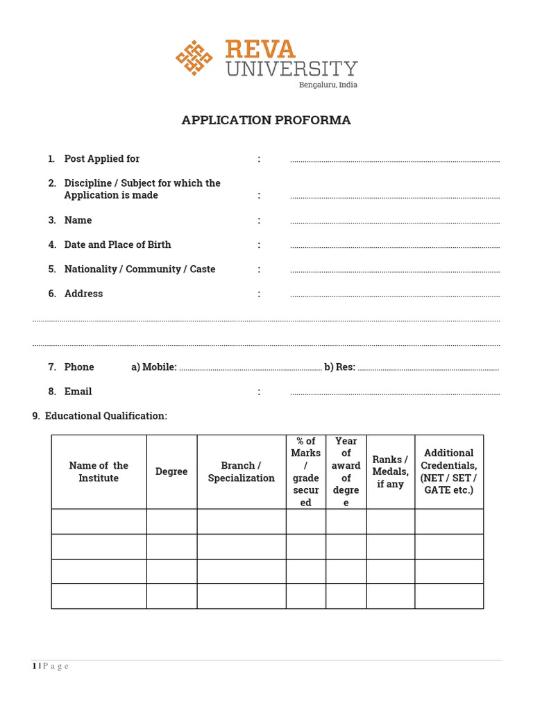 Reva University Application Proforma | PDF | Academia | Further Education