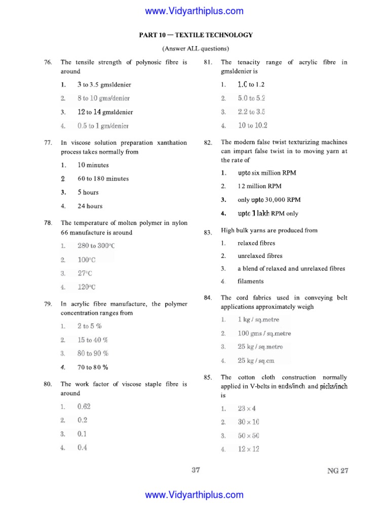 Tancet Model Question Paper Textile Technology | PDF