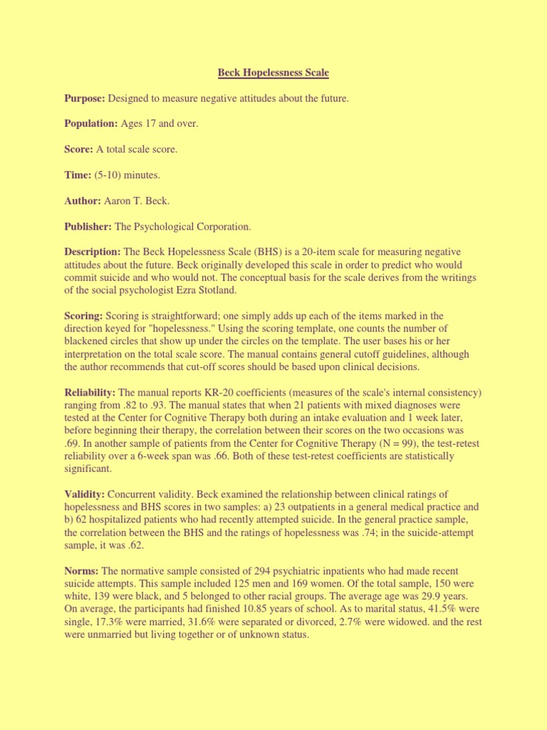 Clinicians' Guide to Beck Hopelessness Scale | PDF | Depression (Mood ...