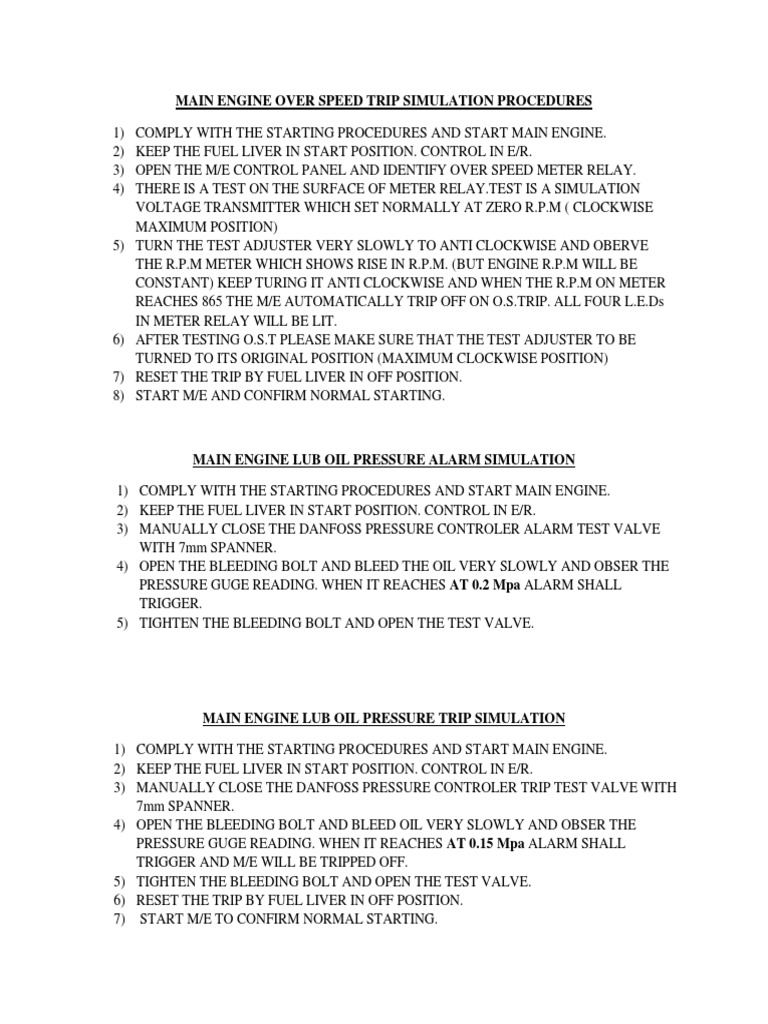 Main Engine Overspeed & Trip Test Procedure | PDF | Valve | Vehicle ...