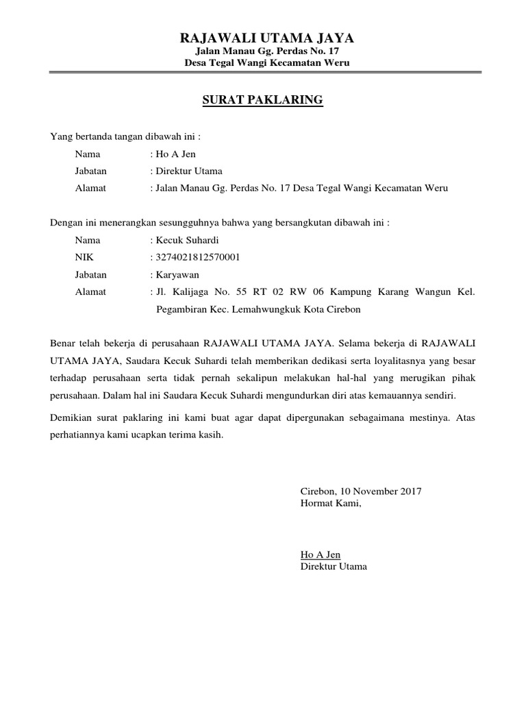 Surat Paklaring Kecuk Suhardi | PDF