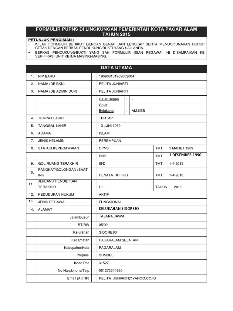 Formulir Pemutakhiran Data Manual Pupns Pelita | PDF
