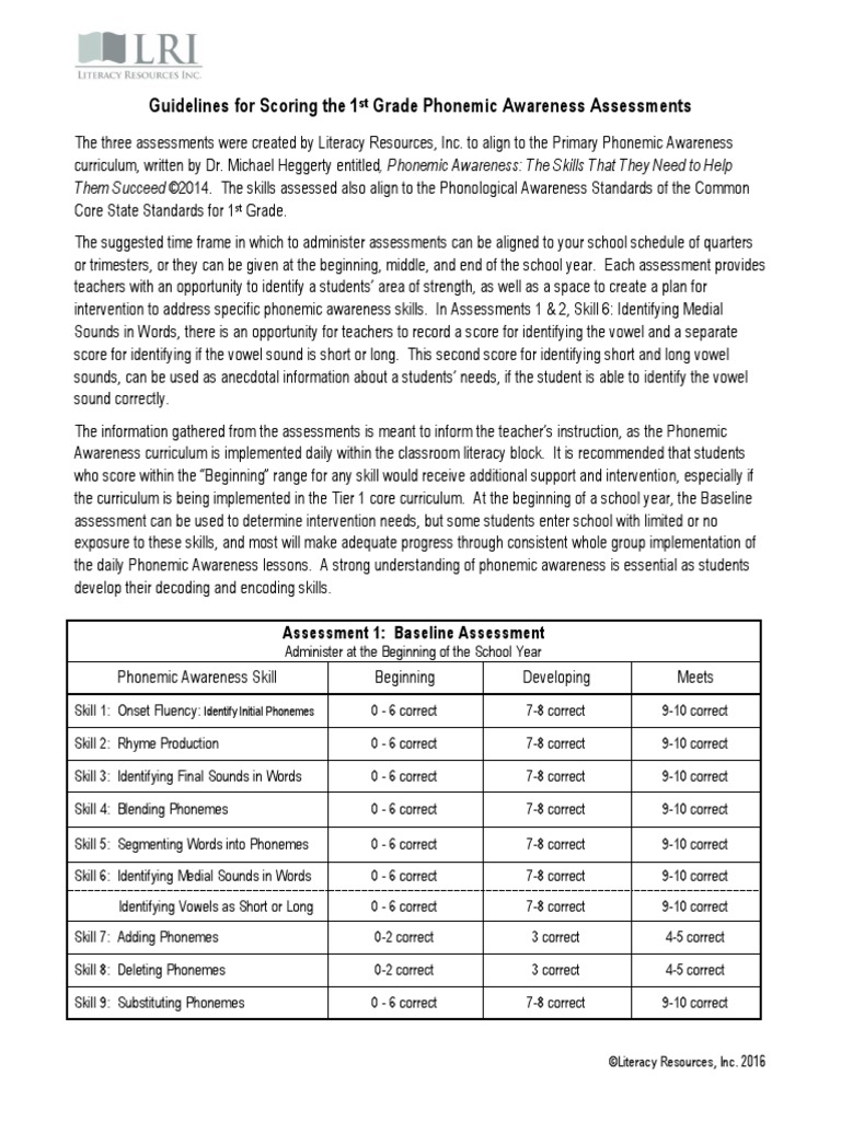 Scoring The 1st Grade Phonemic Awareness Assessment | PDF | Syllable ...