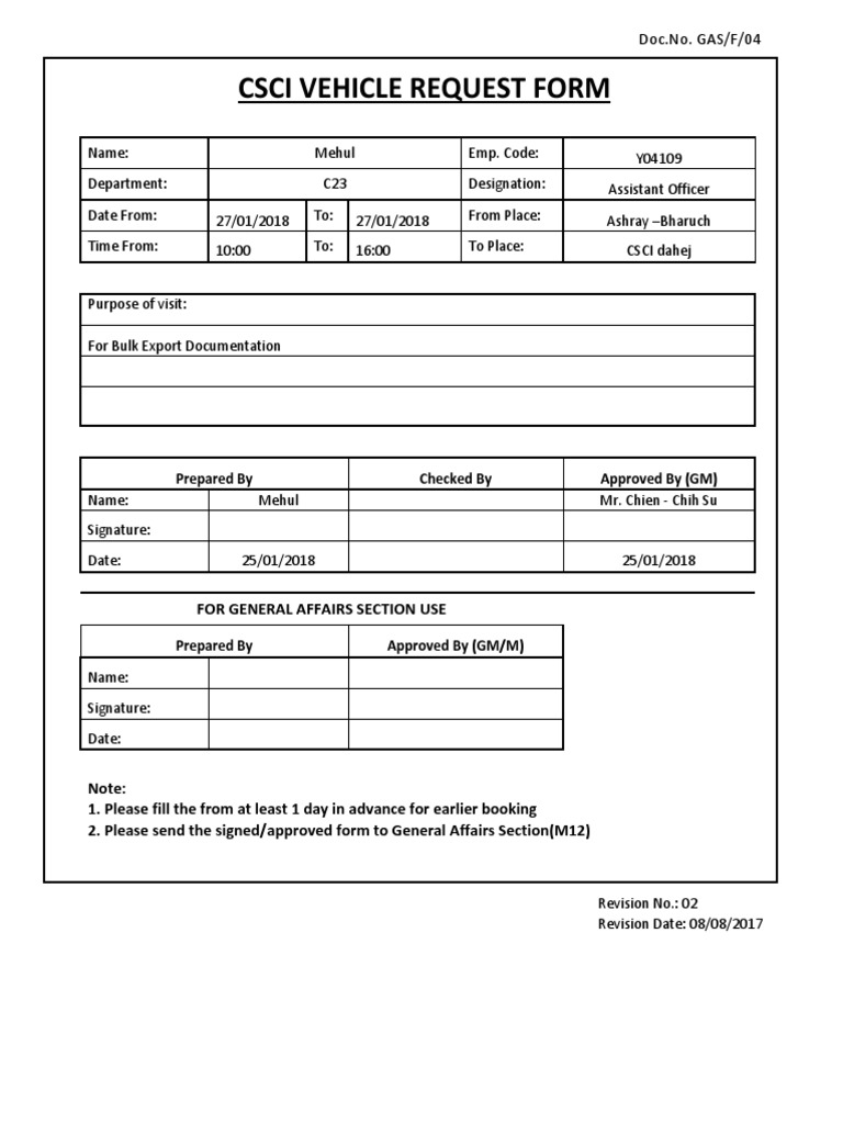 Csci Vehicle Request Form: For General Affairs Section Use | PDF