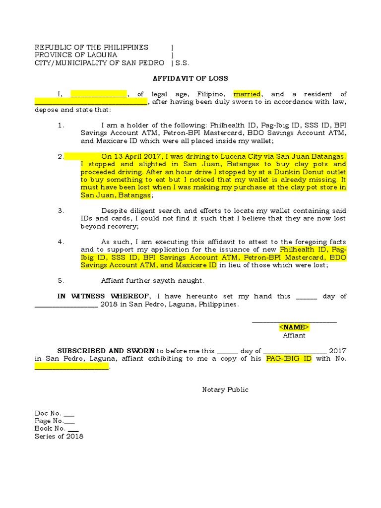 Affidavit of Loss - Template | PDF | Affidavit | Evidence