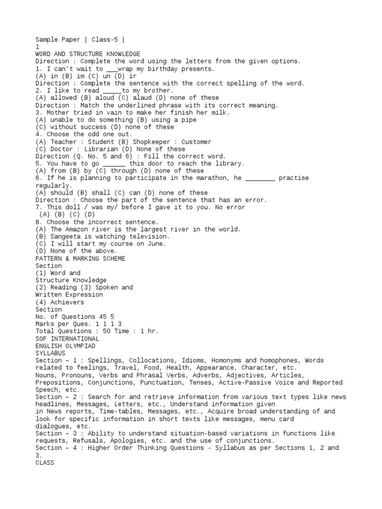 Ieo Sample Paper Class-5 | PDF | Verb | English Language