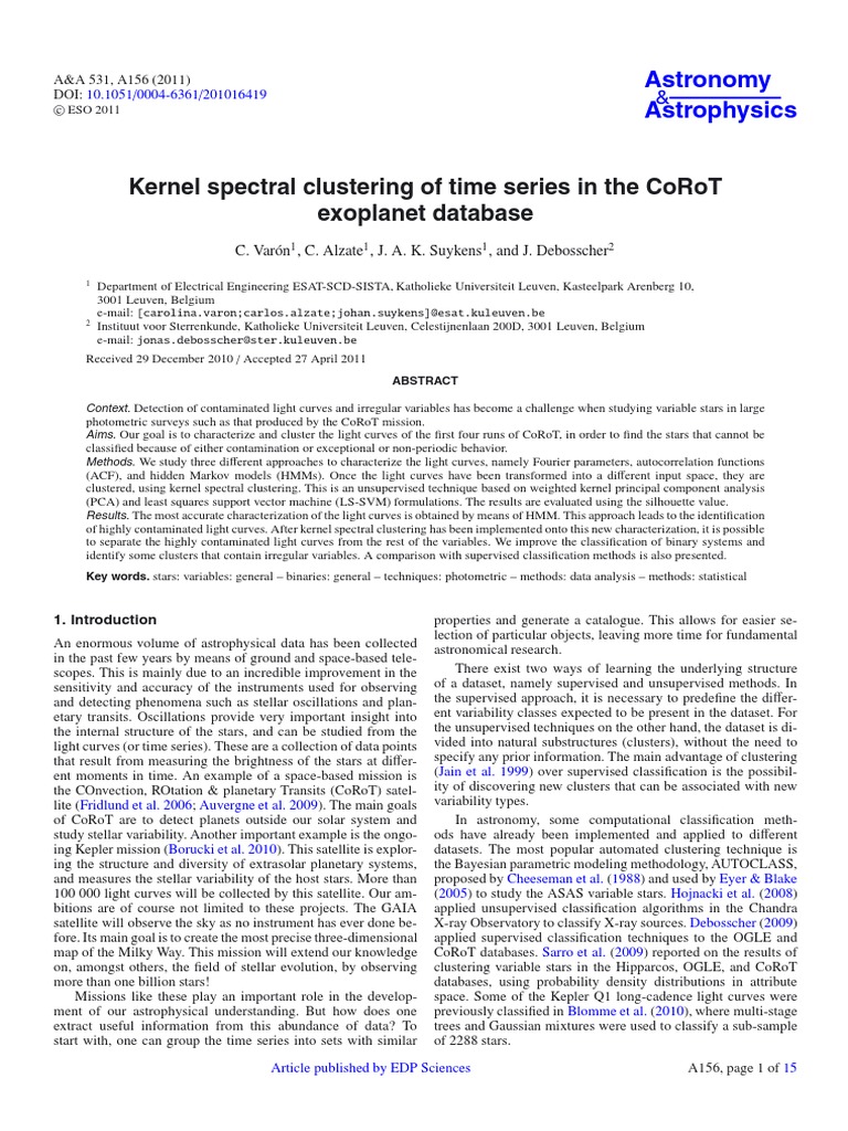 Kernel Spectral Clustering of Time Series in The Corot Exoplanet Database | PDF | Time Series ...