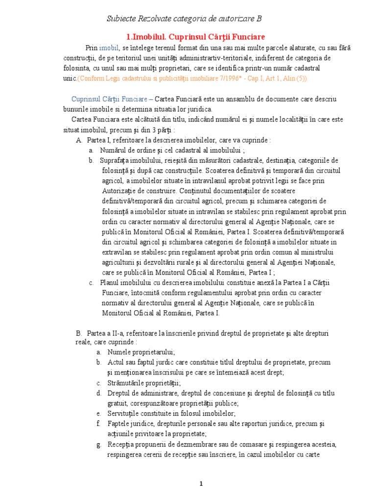 Subiecte Rezolvate Examen Autorizare Cadastru Categoria B PDF | PDF