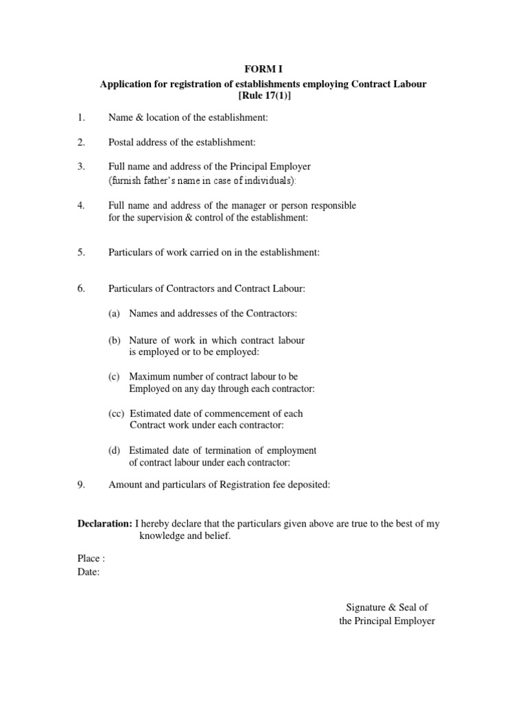 Forms of Registration Under Contract Labour Act 1970 PDF | PDF ...