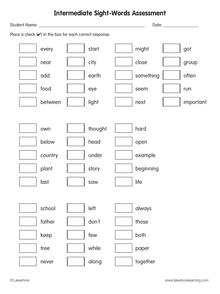 Intermediate Sight-Words Assessment | PDF