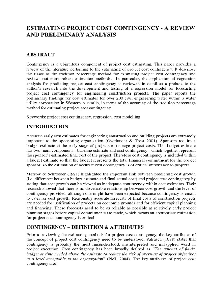 Estimating Project Cost Contingency - A Review and Preliminary Analysis ...