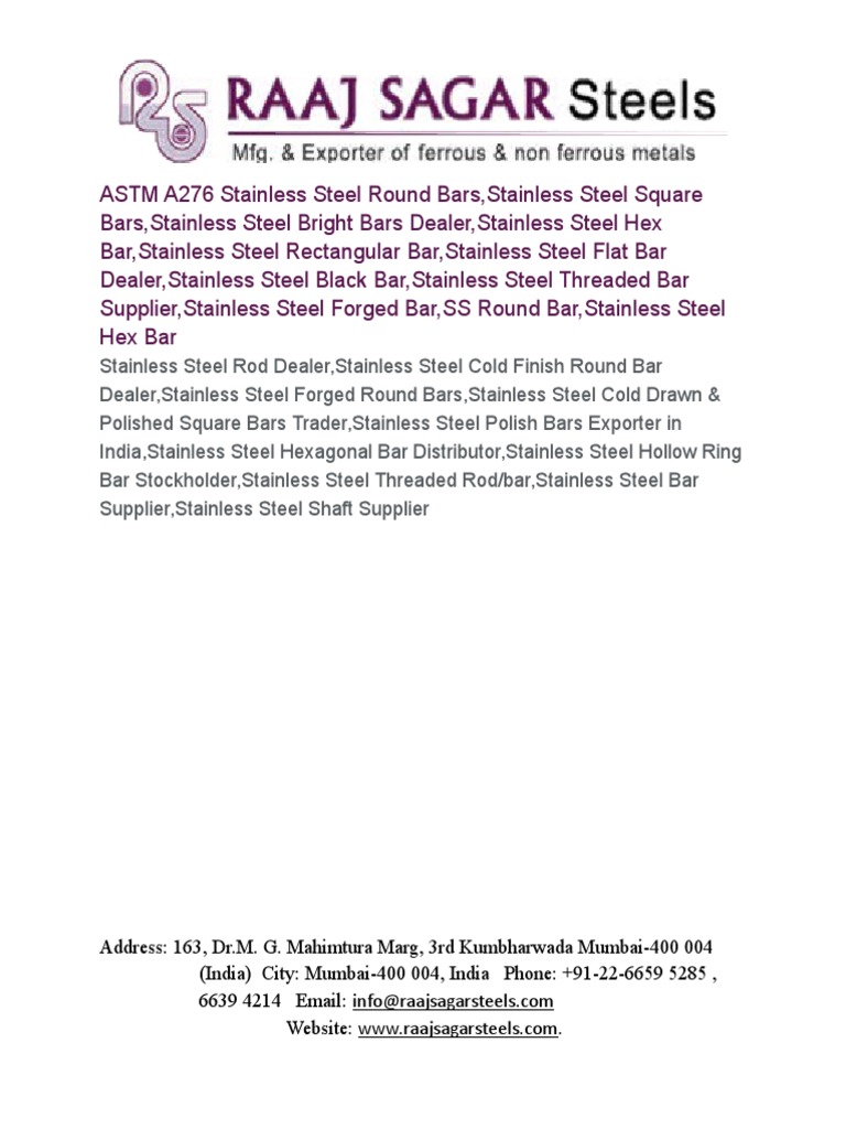 ASTM A276 Stainless Steel Round Bars | PDF | Pipe (Fluid Conveyance ...