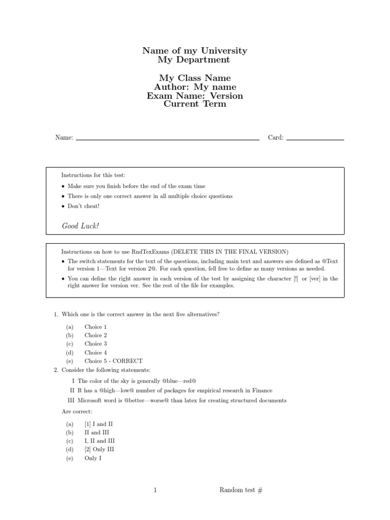 Name of My University My Department My Class Name Author: My Name Exam ...