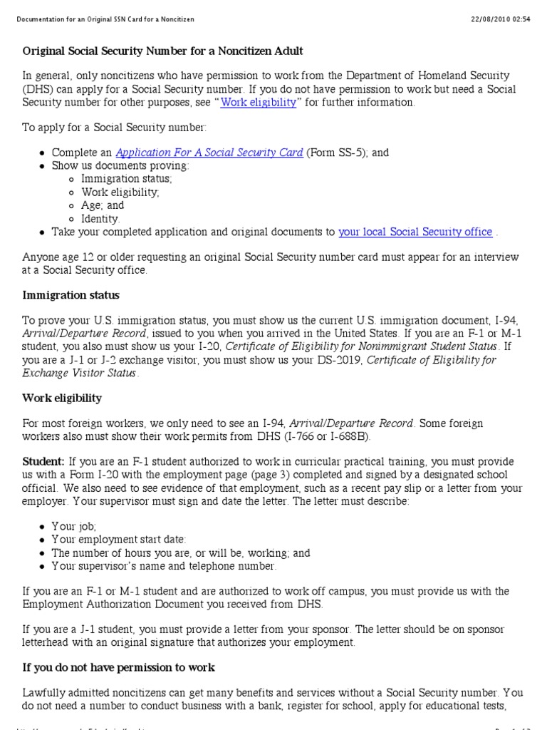 Documentation for an Original SSN Card for a Non Citizen | Social ...