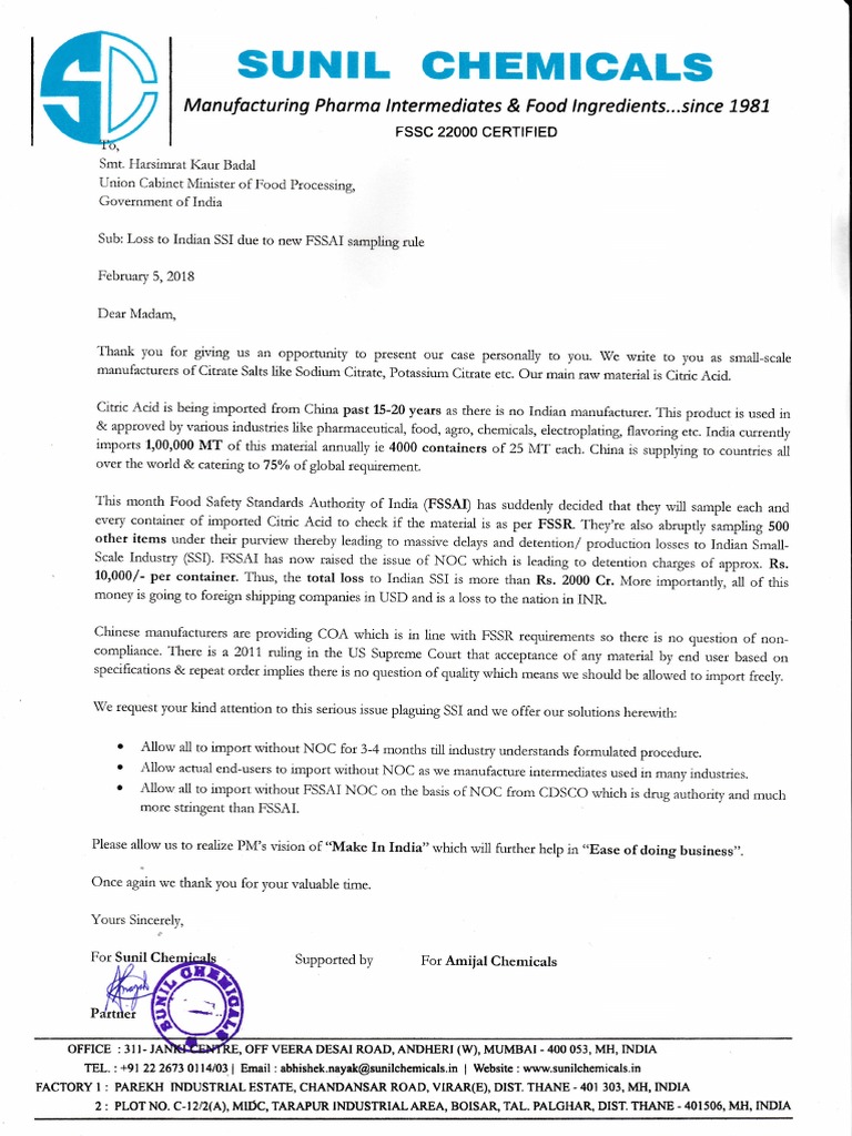 Letter To Minister Regarding FSSAI Issue | PDF | Food Industry | Chemistry