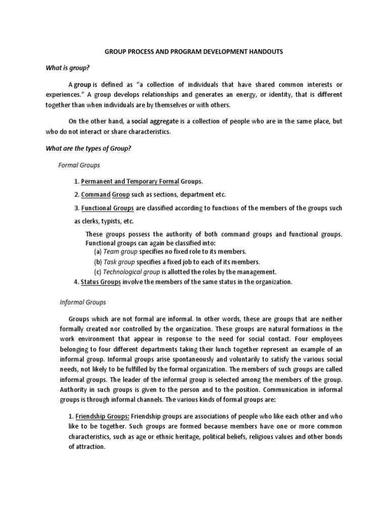 GROUP PROCESS. Handouts | PDF | Leadership | Social Psychology