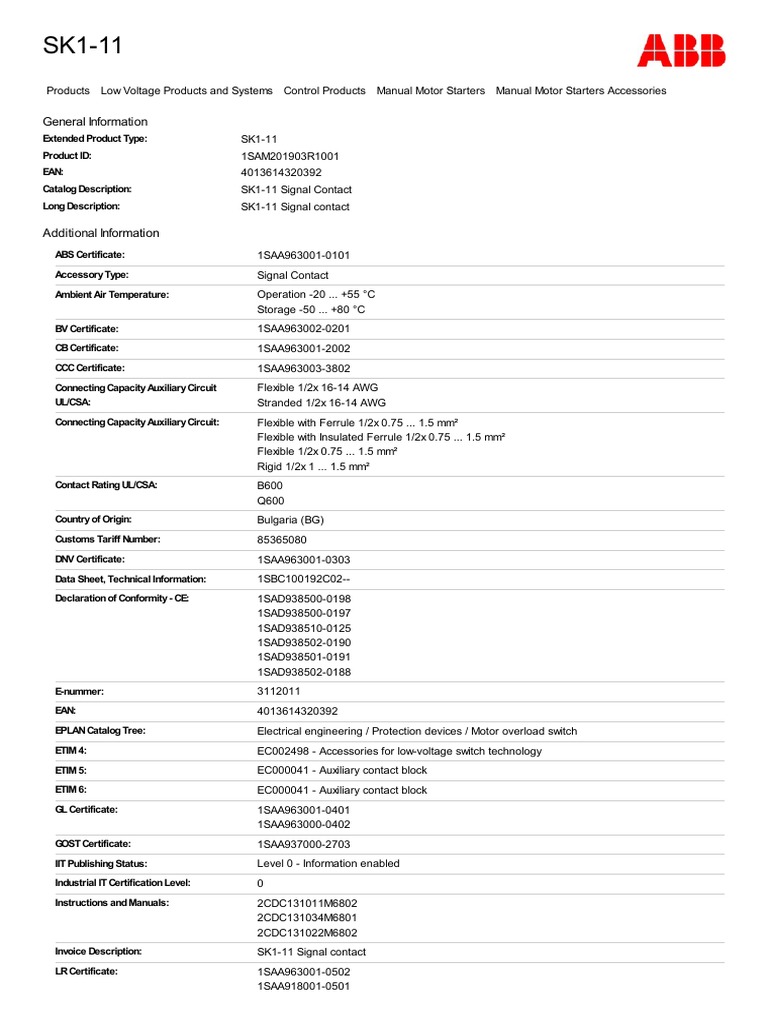 SK1-11 Signal Contact Overview | PDF | Switch | Voltage