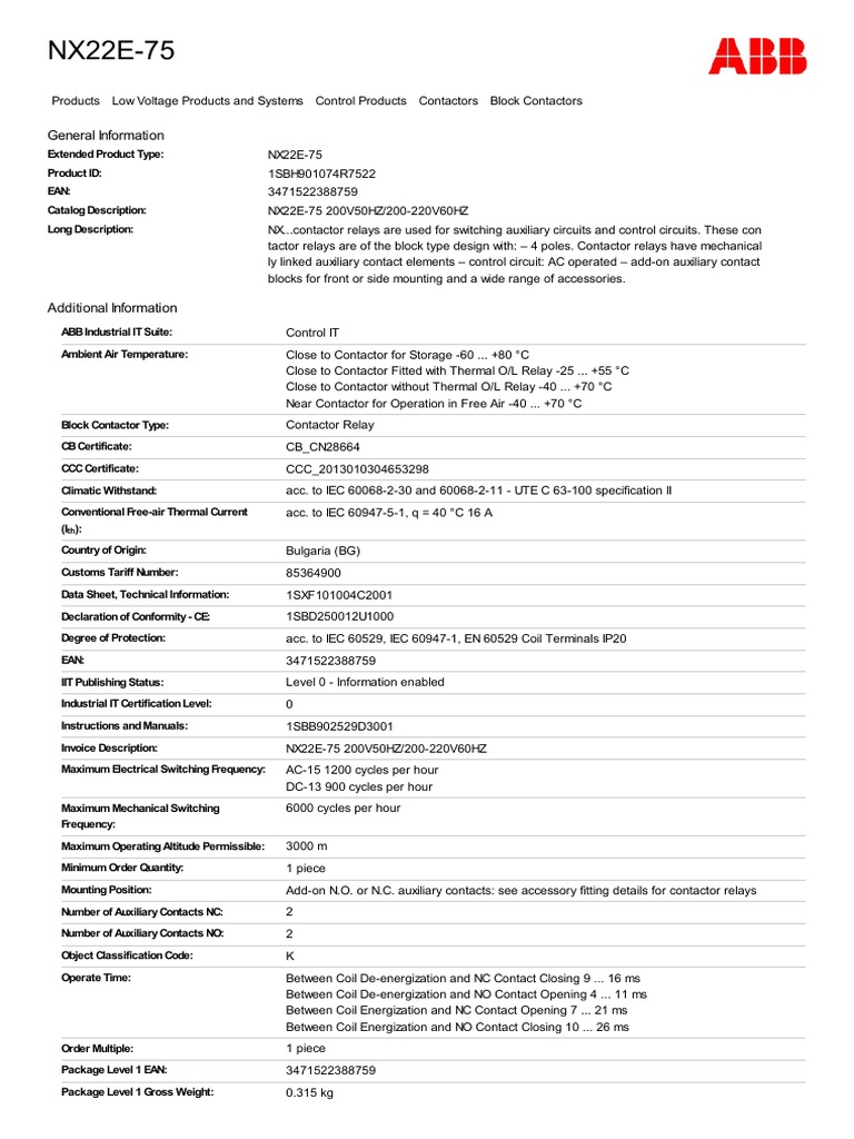 1SBH901074R7522 Nx22e 75 200v50hz 200 220v60hz | PDF | Relay ...