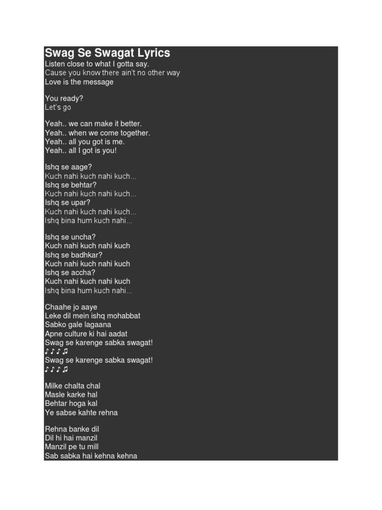 Swag Se Swagat Lyrics | PDF | Poetry